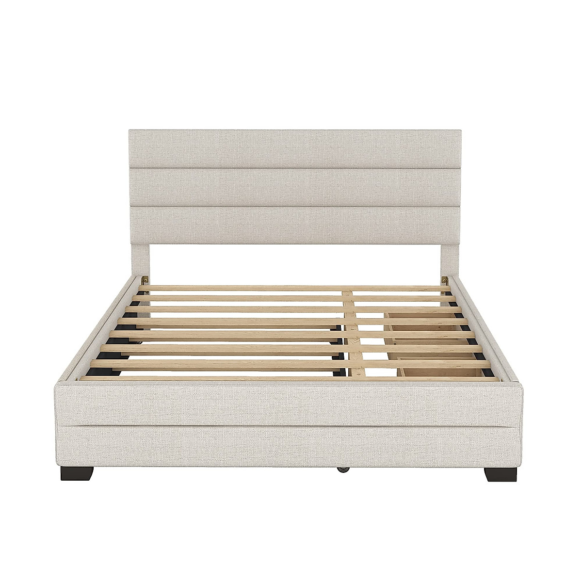 LCH Queen Size Bed with 2 Storage Drawers and a Twin Size Trundle, Upholstered Platform Queen Bed Frame with Tufted Headboard, Linen Fabric, No Box Spring Needed (Beige)