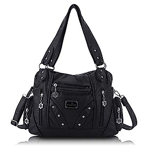 Angel Barcelo Roomy Fashion Hobo Womens Handbags Ladies Purses Satchel Shoulder Bags Tote Washed Leather Bag (Stylish Black)