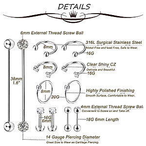 Masedy 12Pcs Stainless Steel Industrial Barbell Cartilage Piercing Earrings for Women Men Hoop Helix Tragus Labret Piercing A-Silver