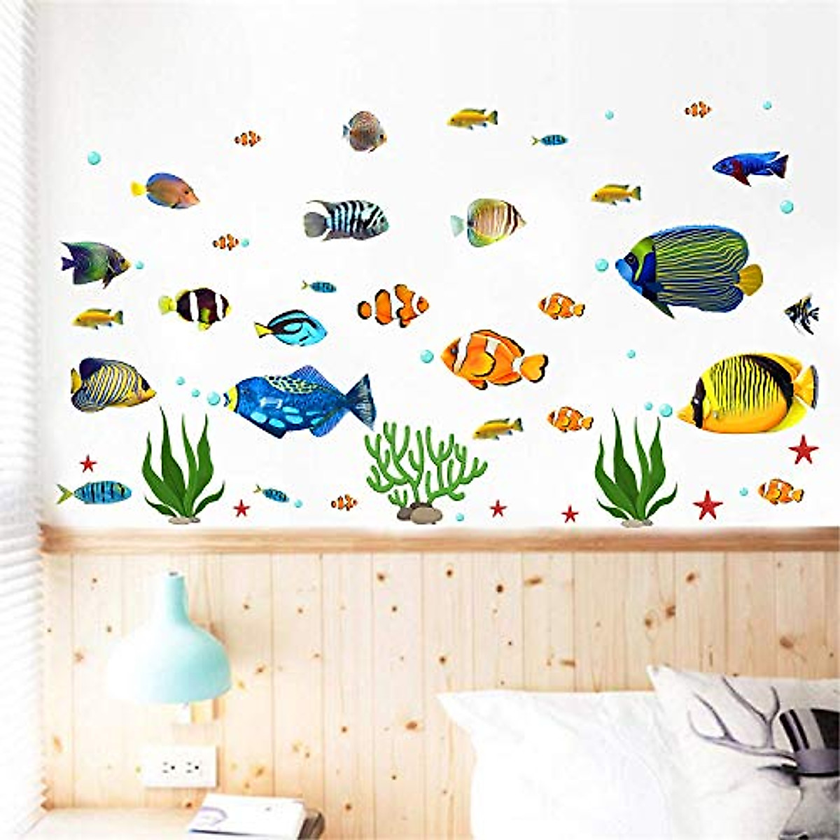 Fish Wall Stickers Under The Sea Decorative Wall Decals Coral Reef Fish Wall Stickers Peel and Stick Starfish Wall Art Sticker Decals for Kids Nursery Bedroom Living Room