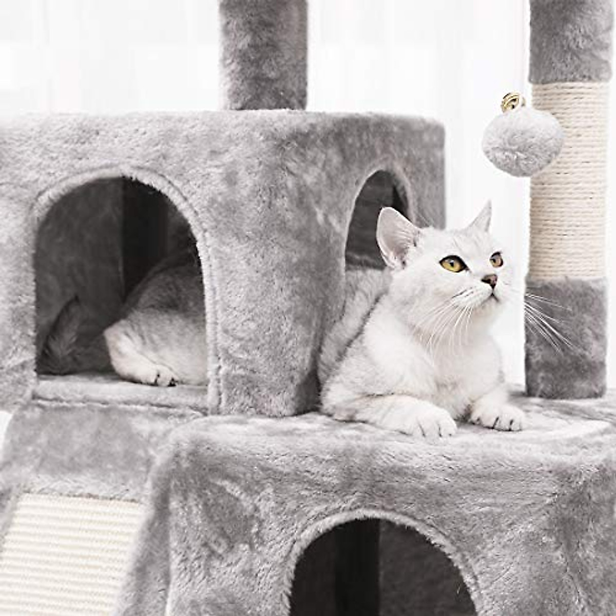 BEWISHOME Cat Tree Condo with Sisal Scratching Posts, Scratching Board, Plush Perch and Dual Houses, Cat Tower Furniture Kitty Activity Center Kitten Play House, Light Grey MMJ10G