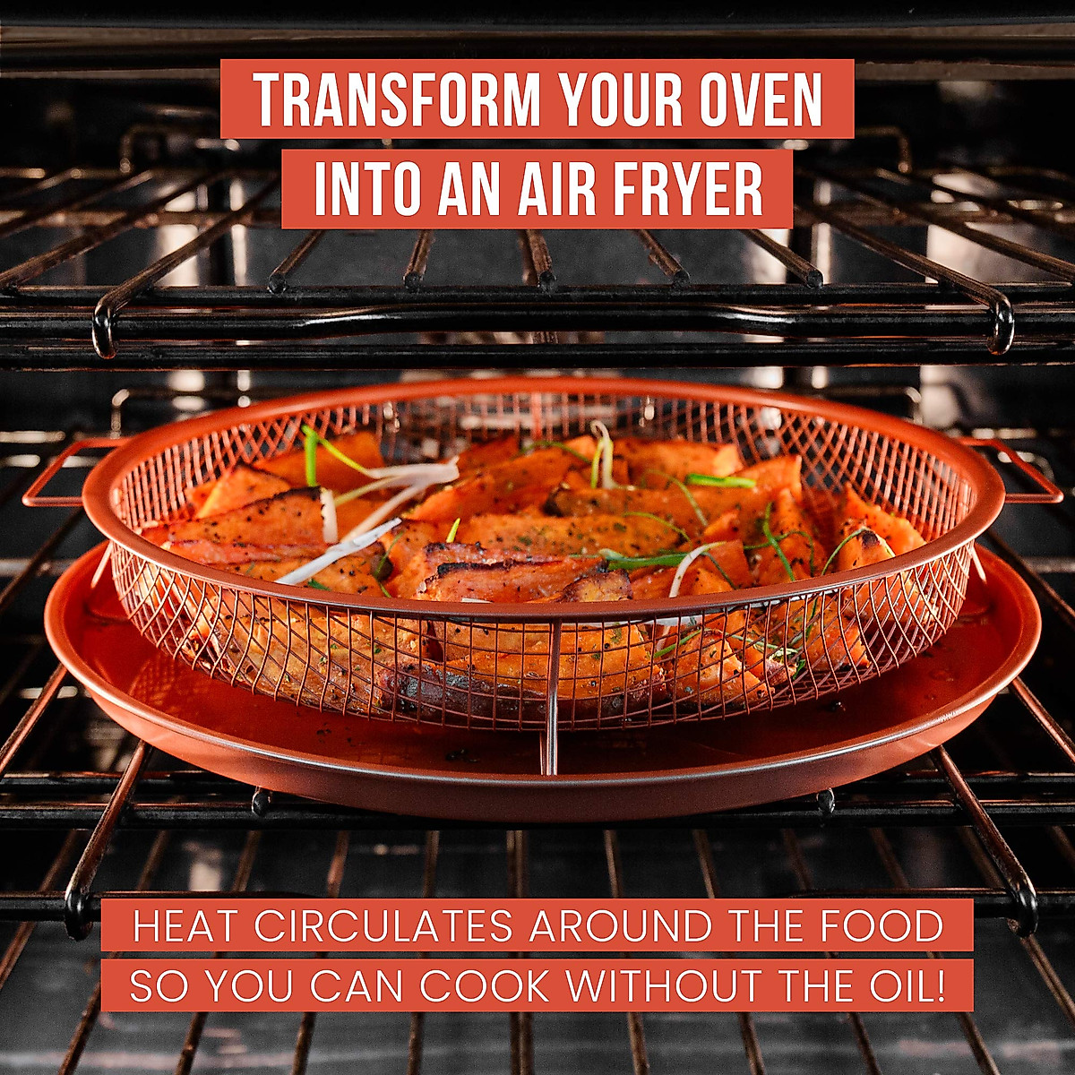 Chef Pomodoro Copper Crisper Tray, Air Fryer Tray for Oven, Deluxe Air Fry in Your Oven, 2-Piece Set, Air Fryer Baking Pan, Air Fryer Basket for Oven (Round- Large)