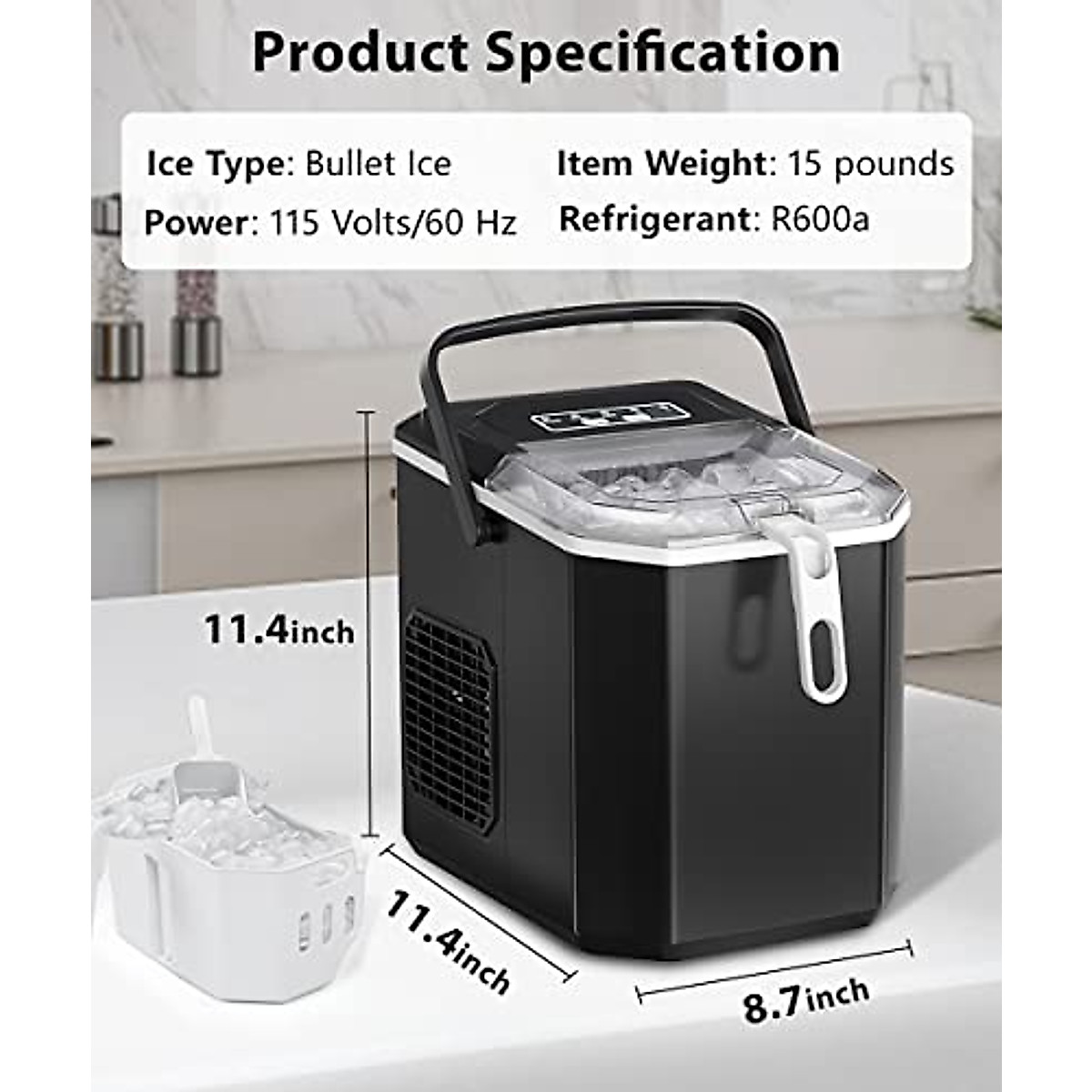 COWSAR Ice Makers Countertop, Portable Ice Maker Machine 6 Mins/9 Pcs Bullet 26.5lbs/24Hrs with Self-Cleaning, Ice Scoop and Basket, Ice Maker for Party/Kitchen/Home/Office