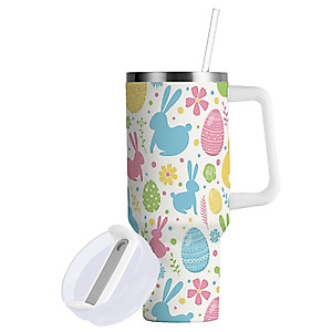 Emelivor Easter Rabbit Bunny 40 oz Tumbler with Lid and Straw Insulated Tumblers with Handle Thermal Stainless Travel Coffee Mug Cup Water Bottle for Women Men Sports Gym