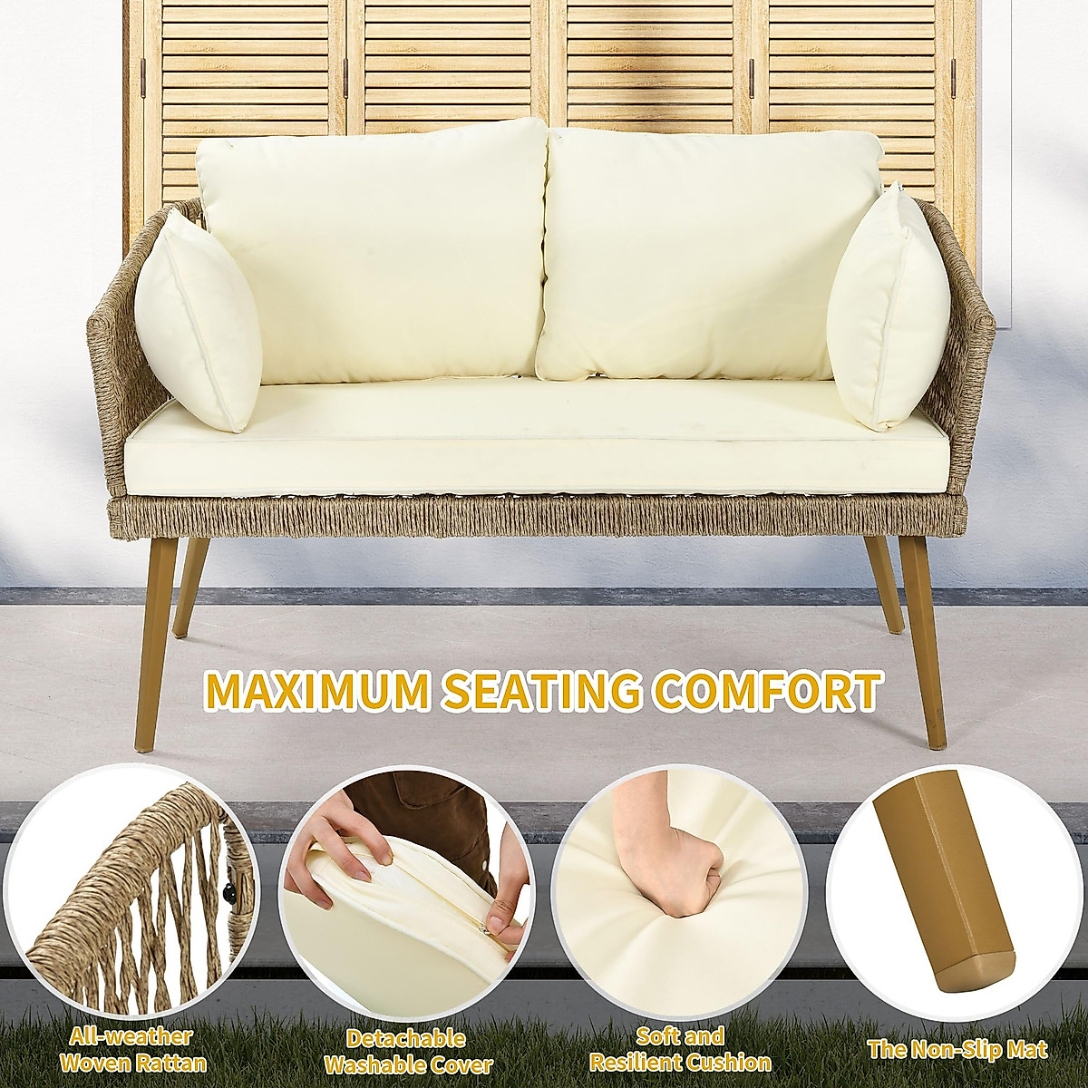 DWVO Patio Wicker Loveseat, All-Weather Rattan 2 Seater Sofa with Cushions & Lumbar Pillows, Outdoor Patio Furniture Set for Patio, Balcony, Backyard, Deck, Poolside - Beige