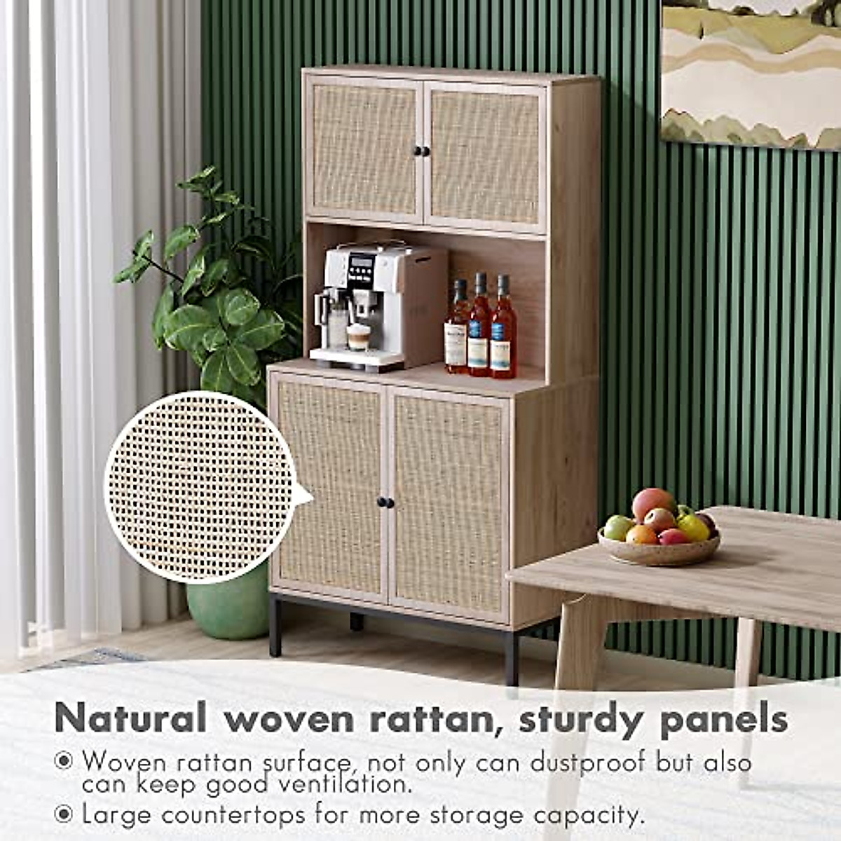 Yechen Storage Cabinet with Natural Handmade Rattan Wicker Doors, Freestanding Sideboard with Large Countertop, Kitchen Buffet (Natural Color)