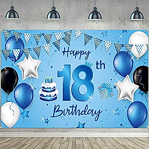 Happy 18th Birthday Backdrop Banner Extra Large Fabric Blue 18th Birthday Sign Poster Photography Background Backdrop Banner for 18th Birthday Anniversary Party Decorations Supplies, 72.8 x 43.3 Inch