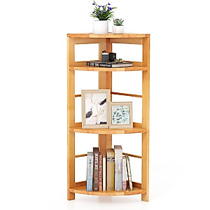 Giantex 4-Tier Corner Shelf, 34" Bookshelf with Rubber Wood Frame, Anti-Toppling Kit, Freestanding Storage Shelf, Corner Display Rack Plant Stand for Living Room, Study, Bedroom, Home, Natural