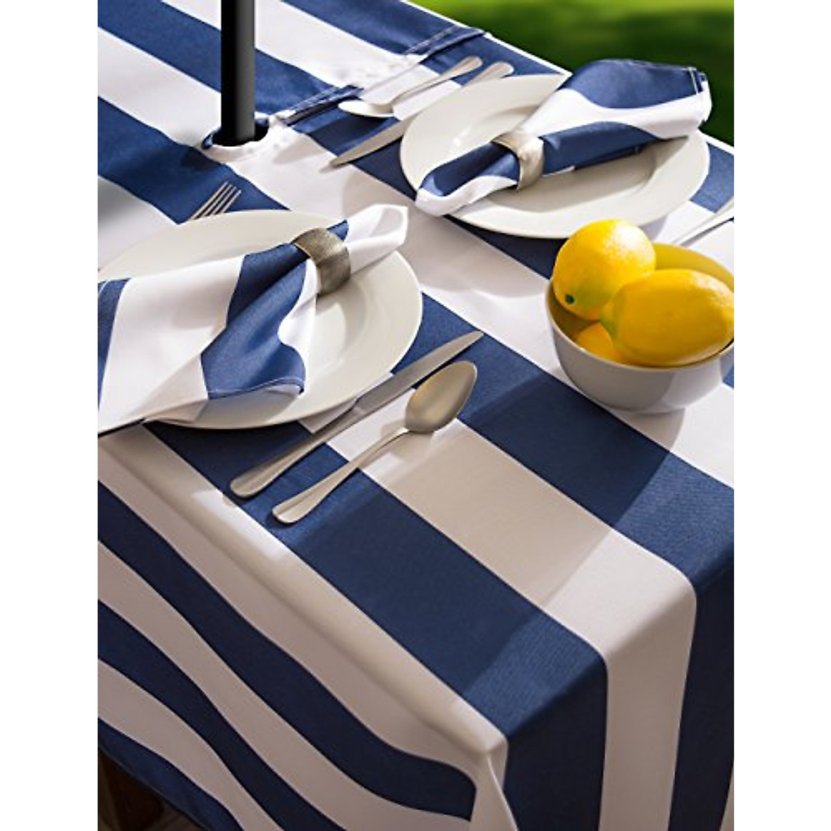 DII Cabana Stripe Outdoor Tabletop Collection, Stain/Wrinkle Resistant & Waterproof, 60x120 Rectangle Zipper Tablecloth, Nautical Blue