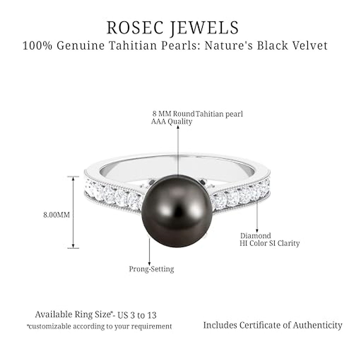 Rosec Jewels Real Tahitian Pearl Solitaire Ring with Diamond, 9 cttw, Aaa Quality, 14K White Gold, Size:US 9.00