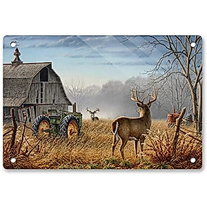 Licpact Autumn Barn Tractor & Whitetail Deer Customized 12" X 8" Metal Tin Sign,Vintage Style Art Wall Ornament Coffee & Bar Decor