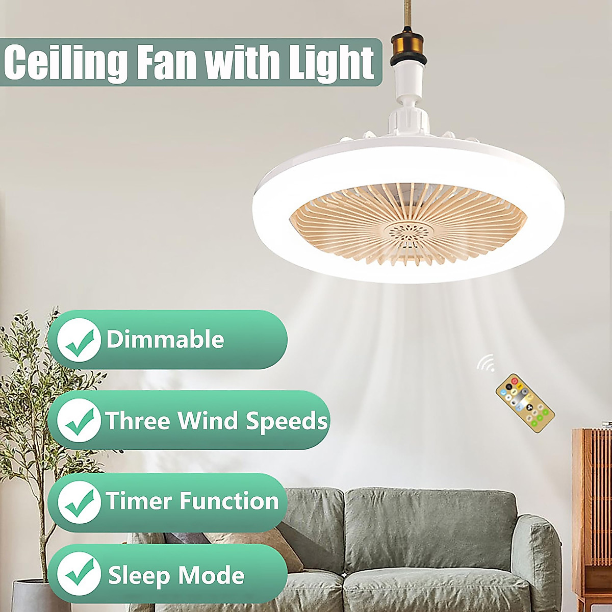 ADKBO Ceiling Fan with Light, Low Profile Ceiling Fan Light with Remote, Adjustable Directional Modern LED Light Bulb Fan for Living Room, Kitchen (Modern, Gray)