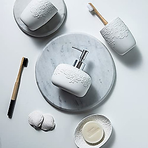 Bathroom Accessories Set with Embossed Design 5PCS, Ceramic White Bathroom Accessory Set, 2Pcs Bathroom Soap Dispenser 14oz, 2Pcs Tumbler Cup, 1Pcs Soap Dish, ANTIS'S HOME