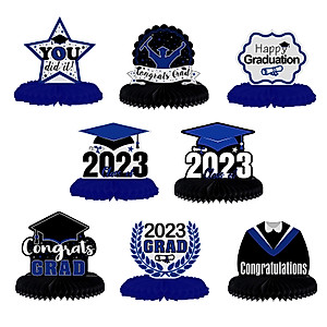 LINGTEER Congrats Grad,Class of 2023 Graduation Table Honeycomb Centerpieces - 8 pcs 2023 Graduation Party Decorations Sign - Blue.