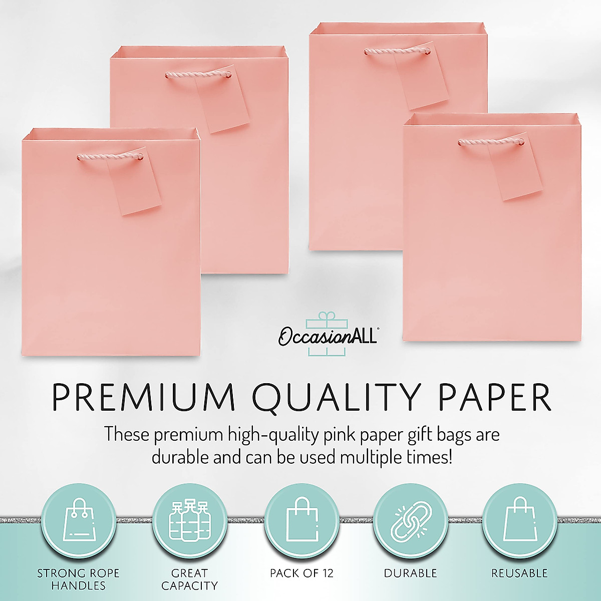 Pink Gift Bag – 12 Pack Medium Light Pink Paper Bags with Handles, Blush Paper Gift Wrap Euro Totes for Girls Baby Shower Gifts, Bachelorette & Bridesmaid Party Favors, Weddings, Bulk – 7.5x3.5x9