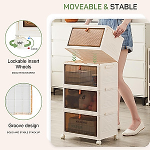 Aidoly 4-Tier Stackable Plastic Storage Bins with Lids, 23QT Foldable with Magnetic Doors and Lockable Wheels, Portable Collapsible Closet Organizer Boxes for Living Room, Bedroom, Dorm, Home Office