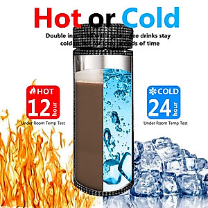 Bling Crytal 17oz Insulated Water Bottle with Strainer,Stainless Steel Thermal Bottle,Leak-Proof Double Walled Vacuum Insulated ,Diamond vacuum flask for woman to Travel, Picnic& Camping (black)