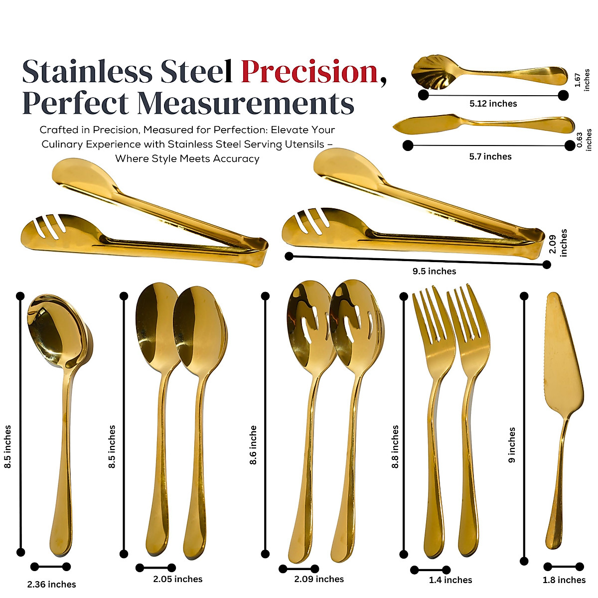 12Pcs Gold Stainless Steel Serving Utensils Set for Parties Buffet, Gold Serving Utensils Set Includes Large Serving, Slotted & Tea Spoon, Soup Ladle, Fork, Tong, Butter Knife & Pie Server