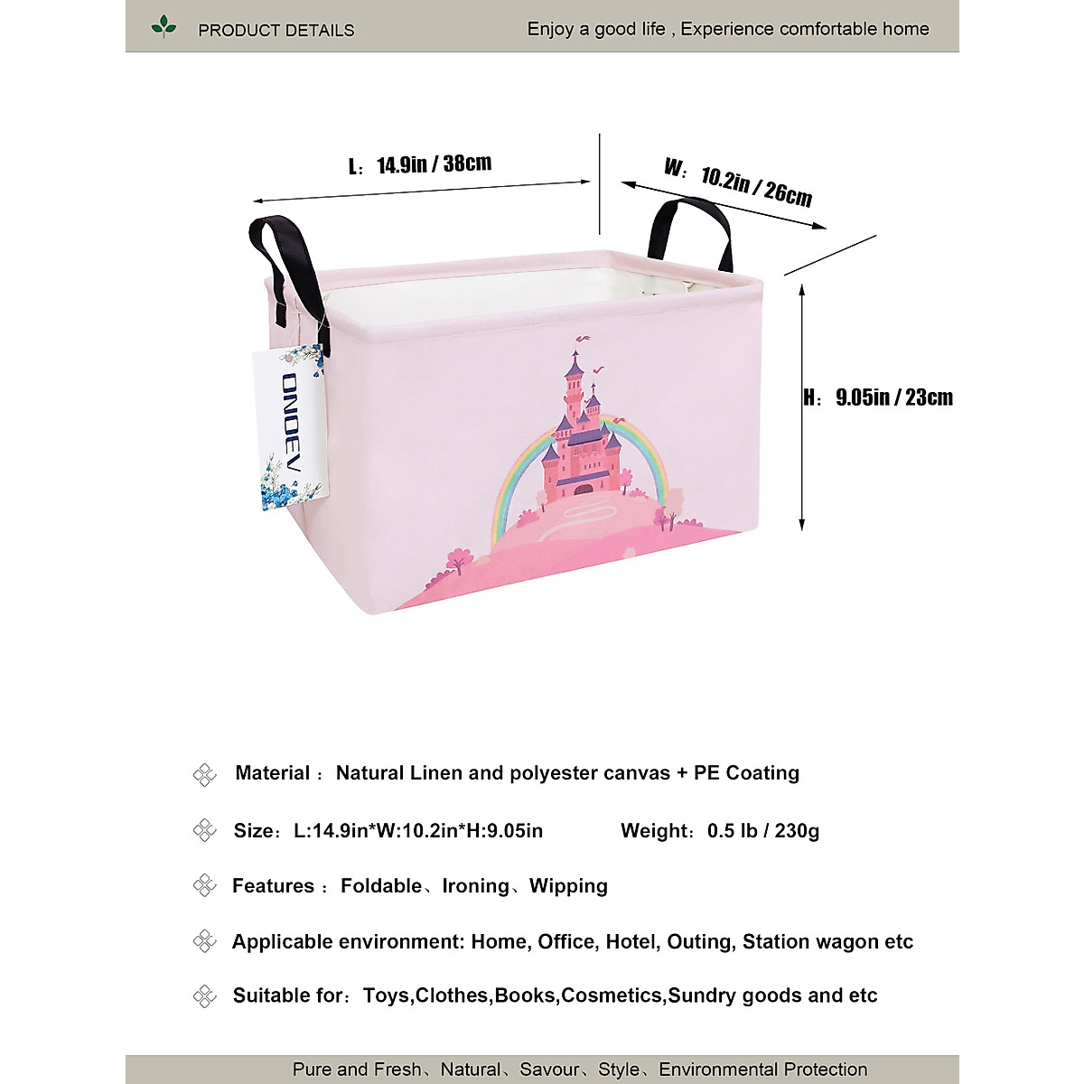 ONOEV Rectangular Folding Laundry Basket,waterproof Canvas Basket,gift basket,Suitable for children's room,Office,Clothes,Toys Storage(Pink Castle)