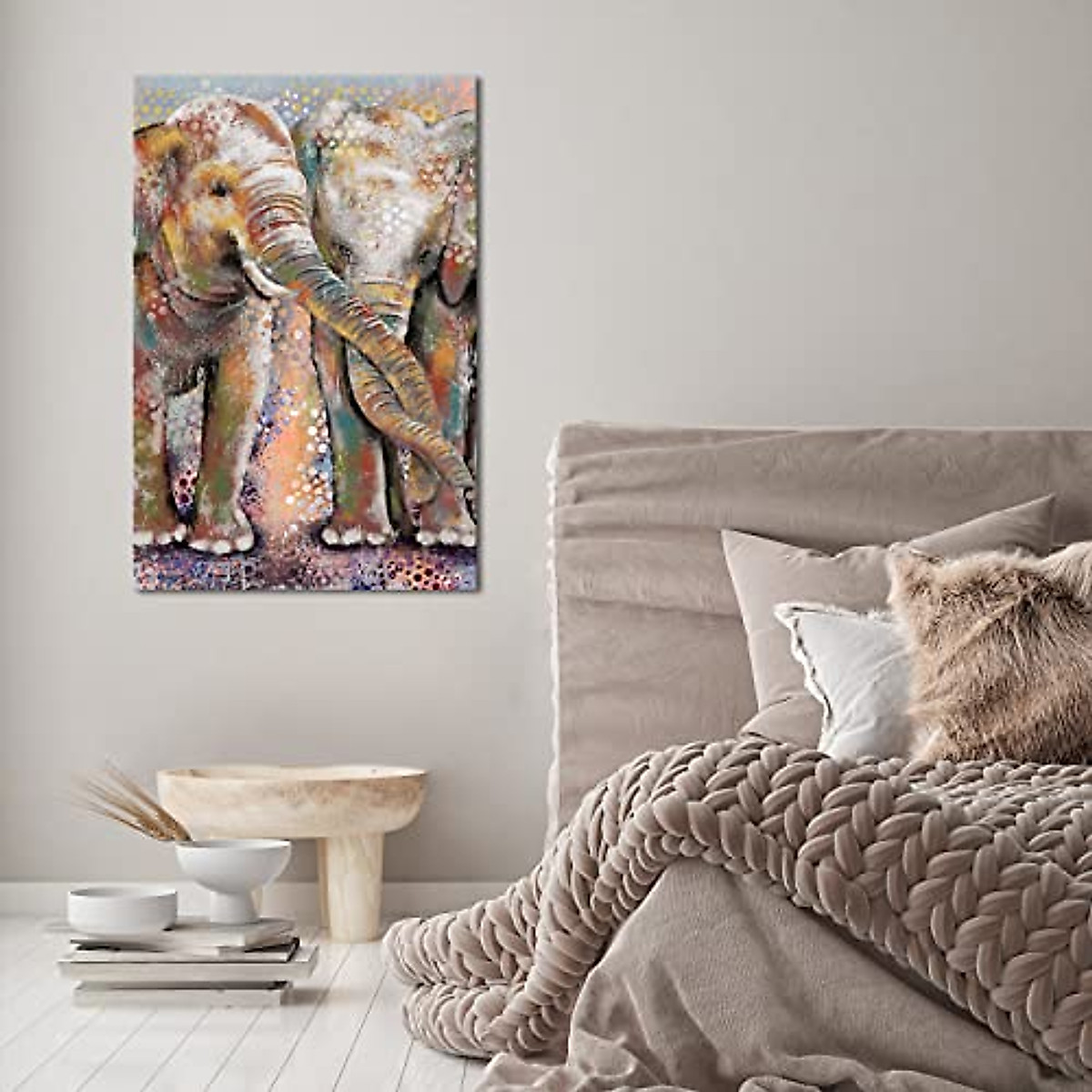 OuElegent Elephant Painting Canvas Wall Art Elephant Couple Graffiti Art Print Wlidlife African Animal Pictures Love Artwork for Home Living Room Bedroom Framed Ready to Hang