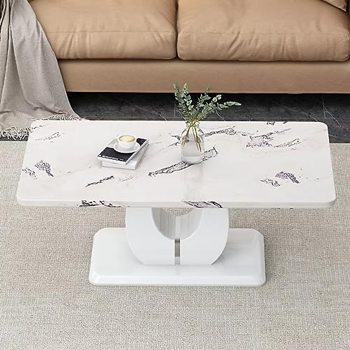 Ayvbir 48'' Simple Luxury Imitation Marble Dining Table Rectangular Counter Coffee Table for Dining Room Living Room Office Terrace (White)