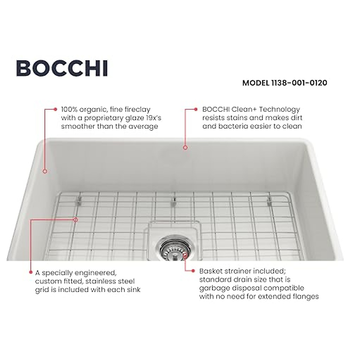 BOCCHI Classico Farmhouse Apron Front Fireclay 30 in. Single Bowl Kitchen Sink with Protective Bottom Grid and Strainer in White