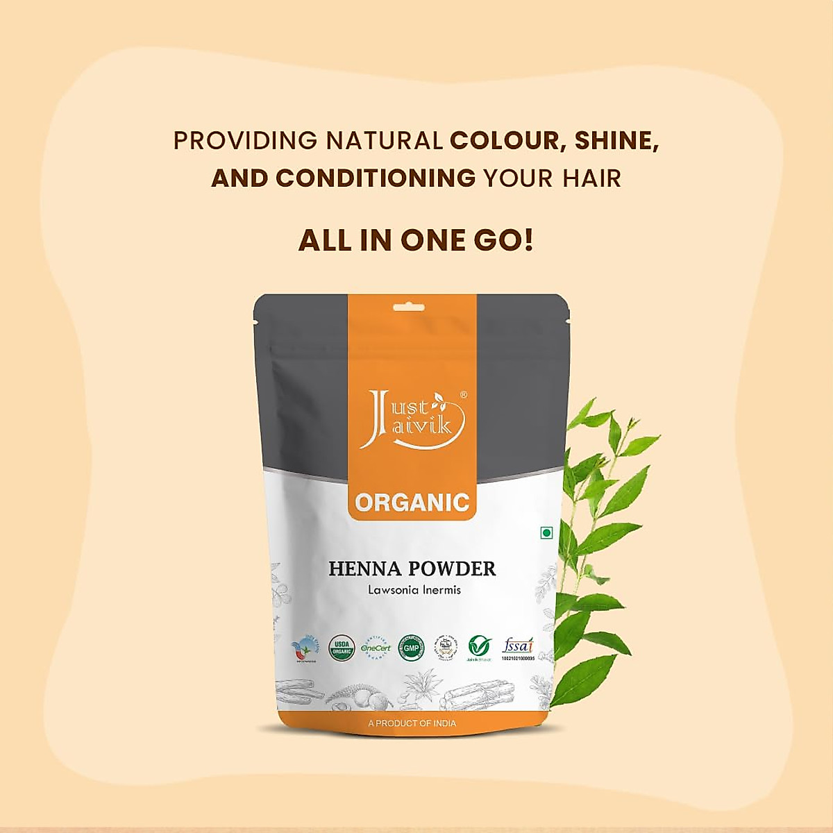 Just Jaivik Henna Powder (Lawsonia Inermis) for Hair - 100% Natural, USDA Certified Organic by OneCert Asia, No Chemicals or Additives, 227 Gms / 0.5 LB/ 8 Oz