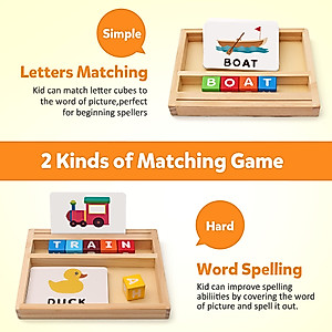 Coogam Wooden Blocks Spelling Game, Color Alphabet Letters Matching Flash Cards ABC Cubes Sight Words Learning Educational Montessori Puzzle Gift for Preschool Kids Boys Girls Age 3 4 5 Years Old