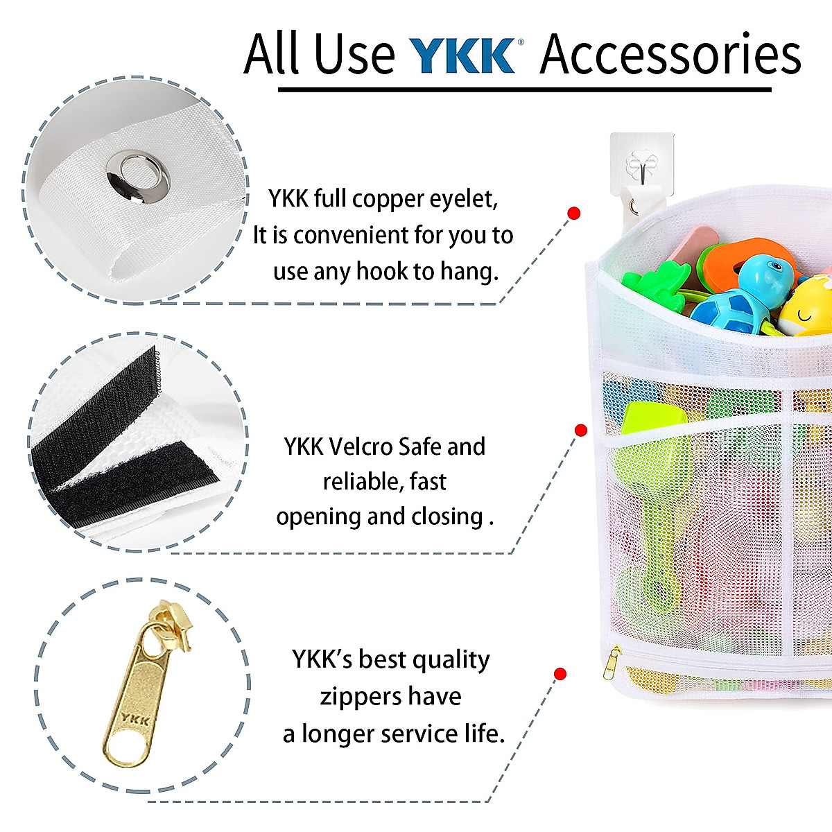 Ligereza Mesh Bath Toy Organizer, Various Hanging Ways, Large Capacity Large Opening, YKK Zipper, 4 Super Hooks, with Two Compartment Pockets, Baby Bathtub Toy Storage Bag (Large White)