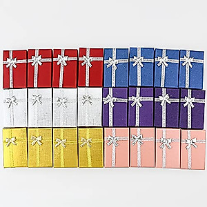 ISUSSER Pack of 24 Paper Gift Boxes with Lids and Ribbon Bows, 2x3.2x1 Inch, for Gifts, Necklaces, Earrings, 6 Colors