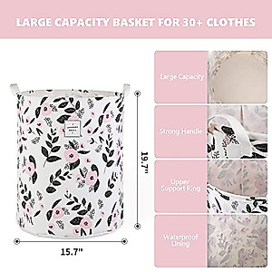 Large Foldable Laundry Basket Hamper Holder Portable Tall Collapsible Laundry Hamper Nusery Storage Basket Bin with Handles, Canvas & Waterproof lining for Household Items (Floral Pink)