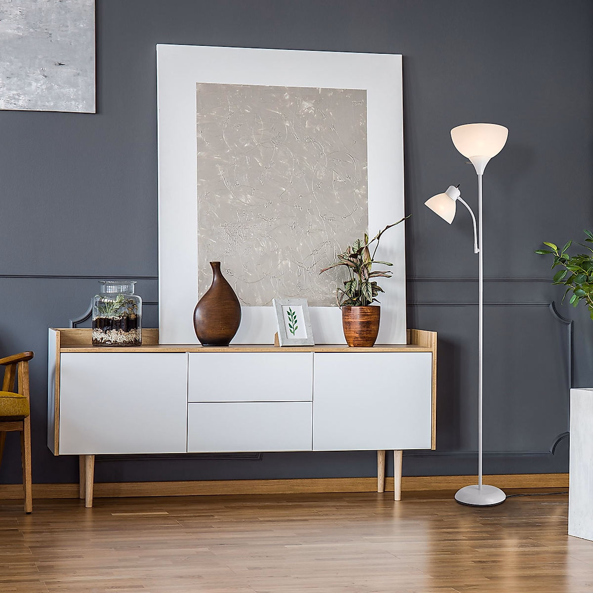 Globe Electric 67136 72" Torchiere Floor Lamp + Adjustable Reading Light, Matte White, Frosted Plastic Shade, 3-Step Rotary Switch on Floor Lamp Socket, Home Improvement, Home Office Accessories