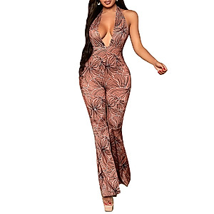 WDIRARA Women's Deep V Neck Bell Bottom Halter Tie Backless Sexy Party Flare Jumpsuit Black XS