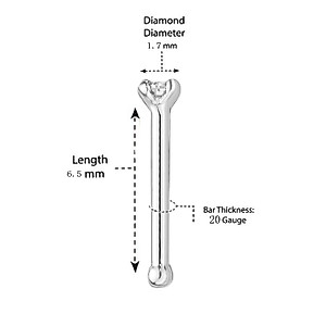 Lavari Jewelers 20 Gauge 0.02 Carat Lab Grown Diamond Straight Bone Nose Ring in 14k White Gold (D-E, I2-I3, cttw) 1.7 mm