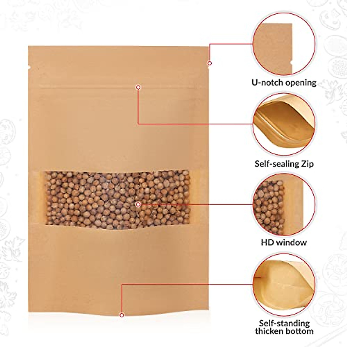 75- Pcs Bulk Heat Sealable Bags for Packaging - Food Grade Zip Stand Up Kraft Bags with Window - Resealable Waxed Paper Pouch Bags for Selling Products (12cm x 20cm) - (4.7" x 8") - 6oz
