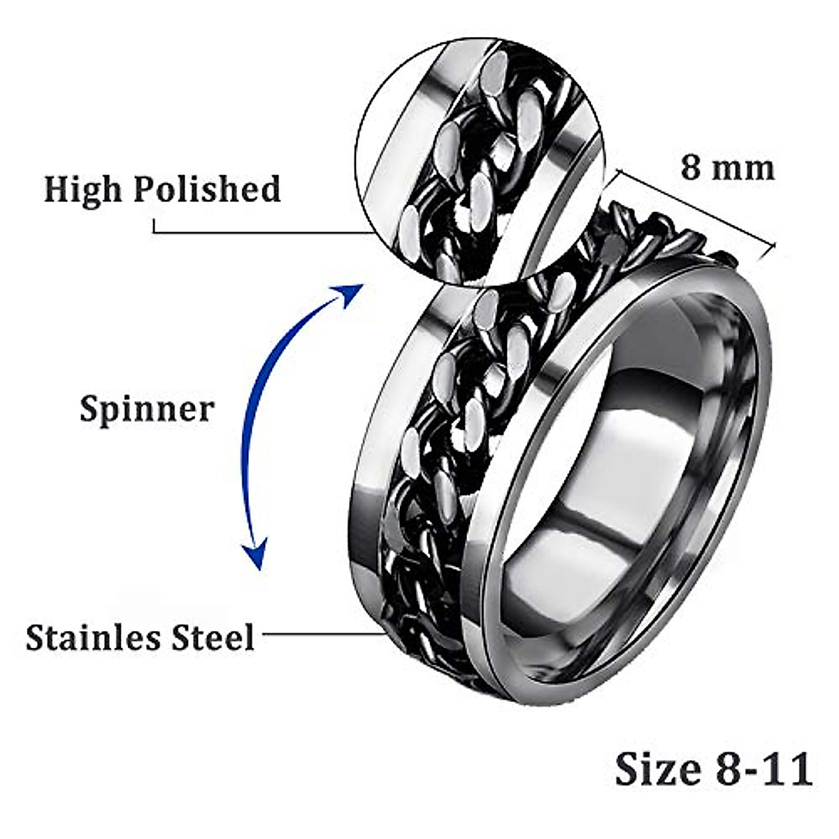 Byhoo 8mm Bottle Opener Finger Ring Rotatable Beer Bottle Cap Opening Tool Remover for Women Men at Party, Inner Chain Spinner of Polished Stainless Titanium Steel Jewelry All Black Size 11 (2 PCS)