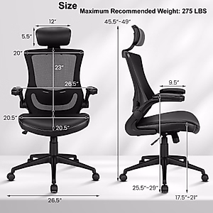 POWERSTONE Ergonomic Office Chair with Thickened Leather Seat, Mesh Desk Chair with Adjustable Headrest Lumbar Support and Flip-up Armrests for Home, Office, Study