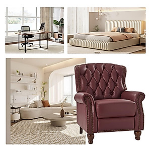 HULALA HOME Genuine Leather Recliner Chair with Solid Wood Feet, Modern Adjustable Tufted Push Back Arm Chair w/Rivet Decoration, Home Theater Seating Single Reclining Sofa for Living Room, BURGUNDY