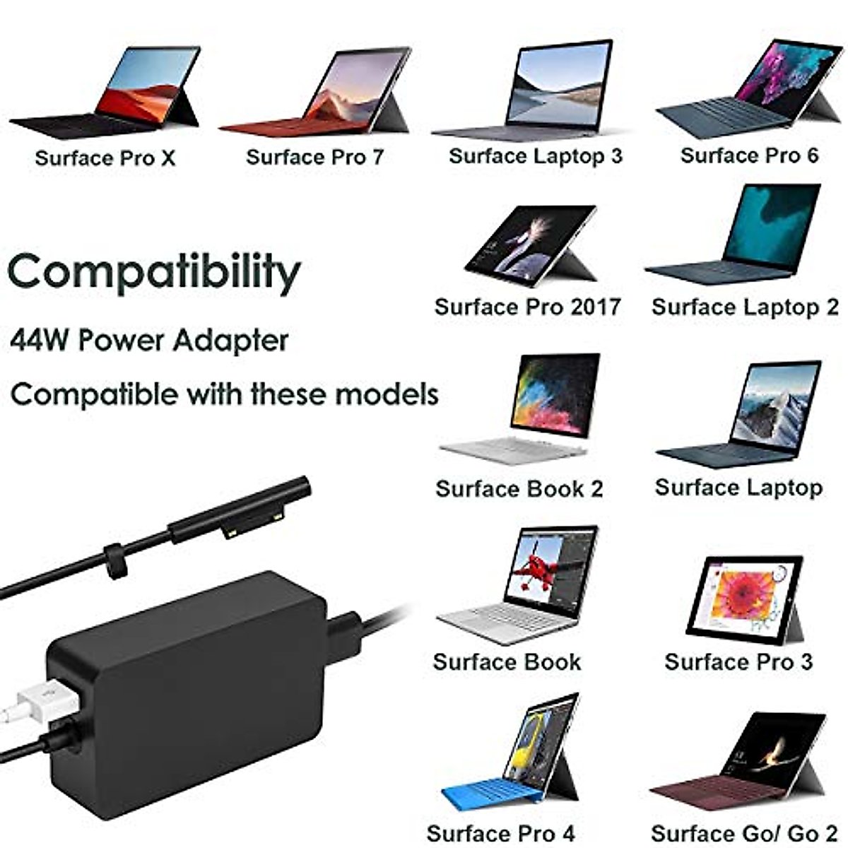 Surface Charger, 44W Power Supply Adapter for Microsoft Surface Pro 3/4/5/6/7, Surface Laptop, Surface Book, Surface Go, Surface Laptop Go, with 6.2 Ft Power Cord