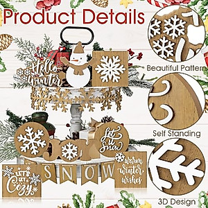 Chitidr 20 Pcs Tiered Tray Set - Christmas Snowflake Table Decor Snowman Rustic Farmhouse Wood Sign Hello Winter Tabletop Sign Decor for Xmas Winter Holiday Table Shelf Home