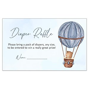 The Invite Lady Hot Air Balloon Diaper Raffle Ticket Baby Shower Teddy Bear Adventure Awaits Blue Boy Sky Clouds (50 count)