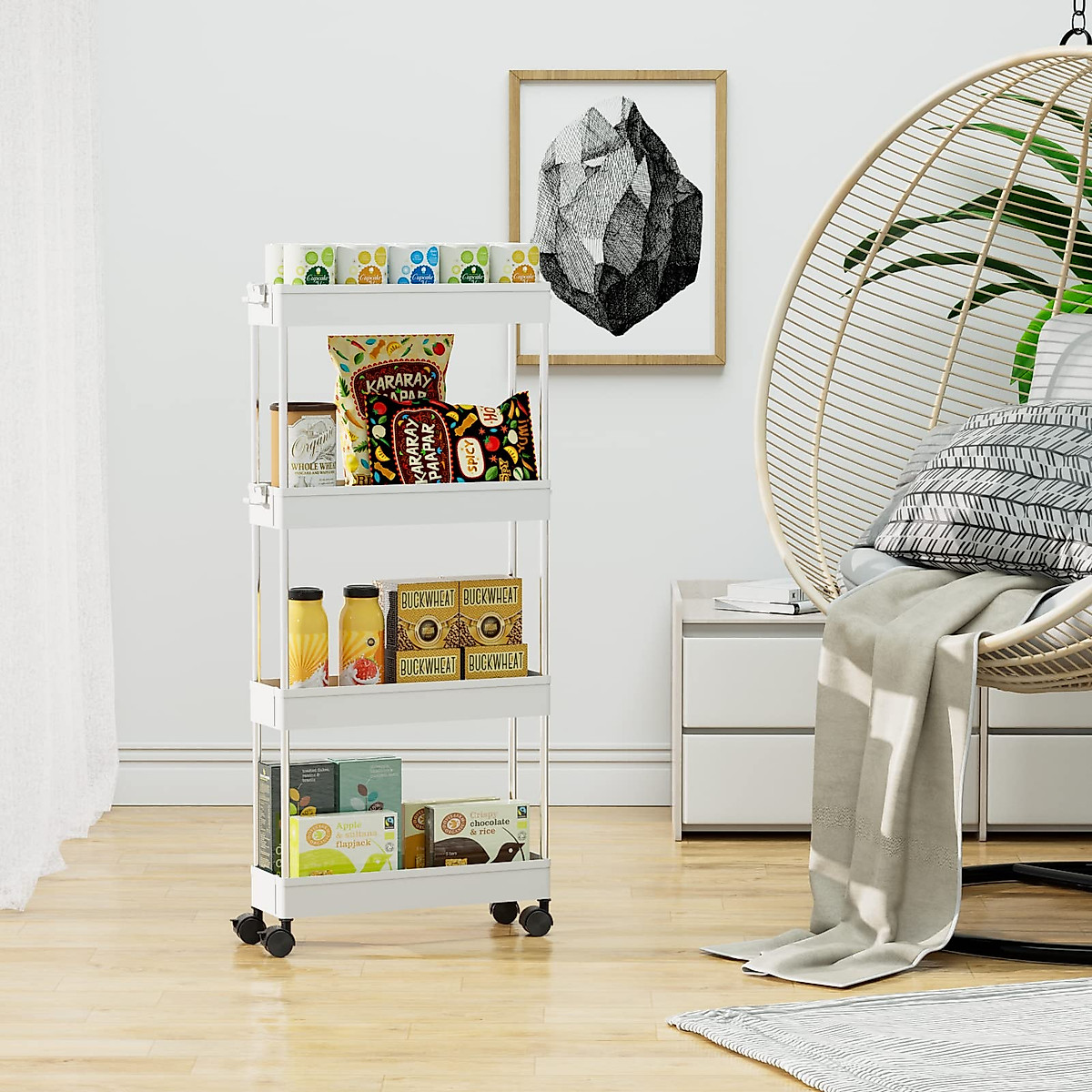 OTK Slim Storage Cart 4 Tier Mobile Shelving Unit Organizer, Utility Rolling Shelf Cart with Wheels for Bathroom Kitchen Bedroom Office Laundry Narrow Places，White