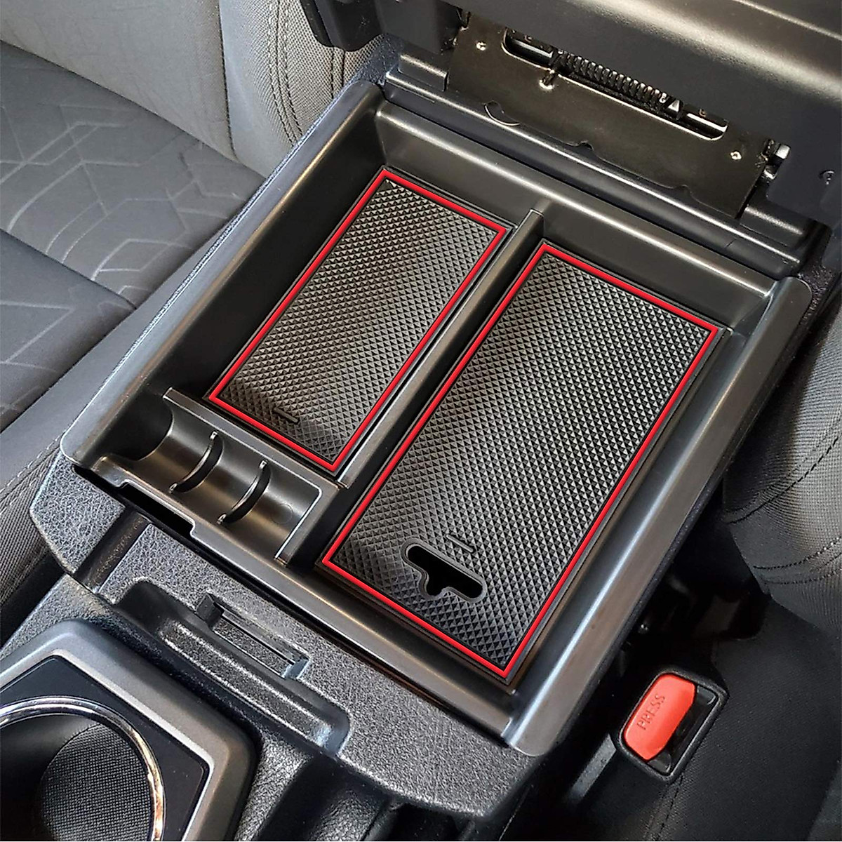 JKCOVER Center Console Accessory Organizer Compatible with Toyota Tacoma 2016 2017 2018 2019 2020 2021 2022 2023, ABS Material Armrest Box Insert Tray (Red trim)