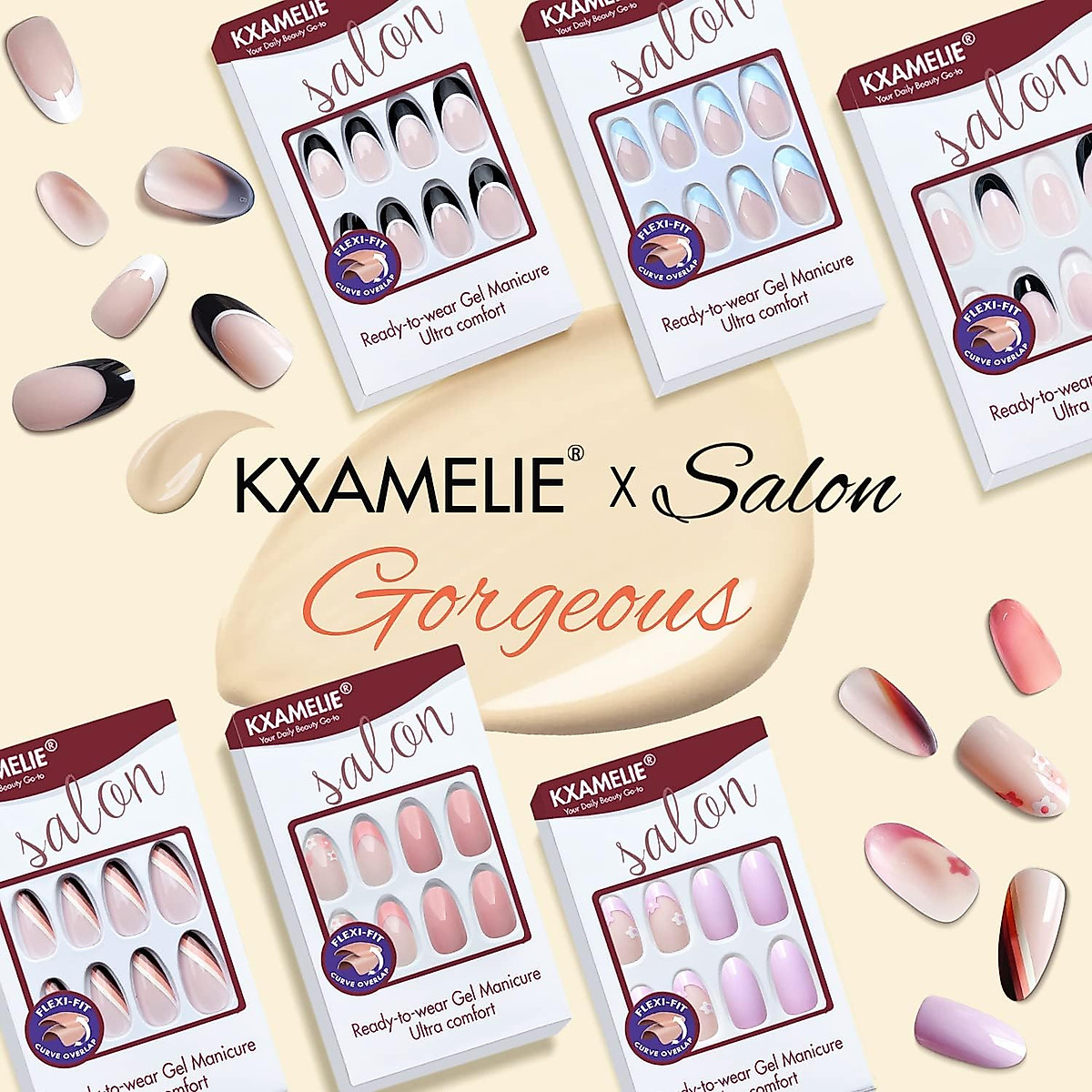 KXAMELIE 384 Pieces Medium Square Press on Nails Colorful Coffin Fake Nails Full Cover Artificial False Nails Tips Kit for Art Salon DIY Nail Gifts for Women Girls,16 Sheets