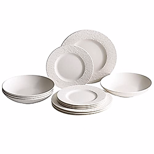 Villeroy & Boch Manufacture Rock Blanc 12-Piece Dinnerware Set, Service for 4, Plates & Bowls, Premium Porcelain, Made in Germany, White, Large