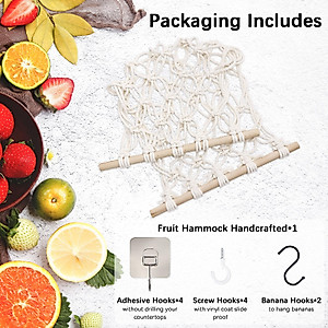 Fruit Basket Hammock Under Cabinet Adhesive, Woven Vegetable Hanging Basket, Fruit Storage for Kitchen with Banana Hooks, Mesh Fruit Holder Organization for Home Dining Room Decor