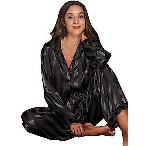 OPOIPIN Women's Silk Satin Pajamas Button Down Long Sleeve Top with Pants Sleepwear PJ Set Black Small