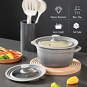 J&C LIFE Universal Lids for Pots, Pans & Skillets (2PCs, Grey) Fits 7-8.5, 10-12 Inch Frying Pan Skillet, Glass Pan Lids with Heat Resistant Silicone Rim, Pan Cover for Cast Iron Skillet Cookware