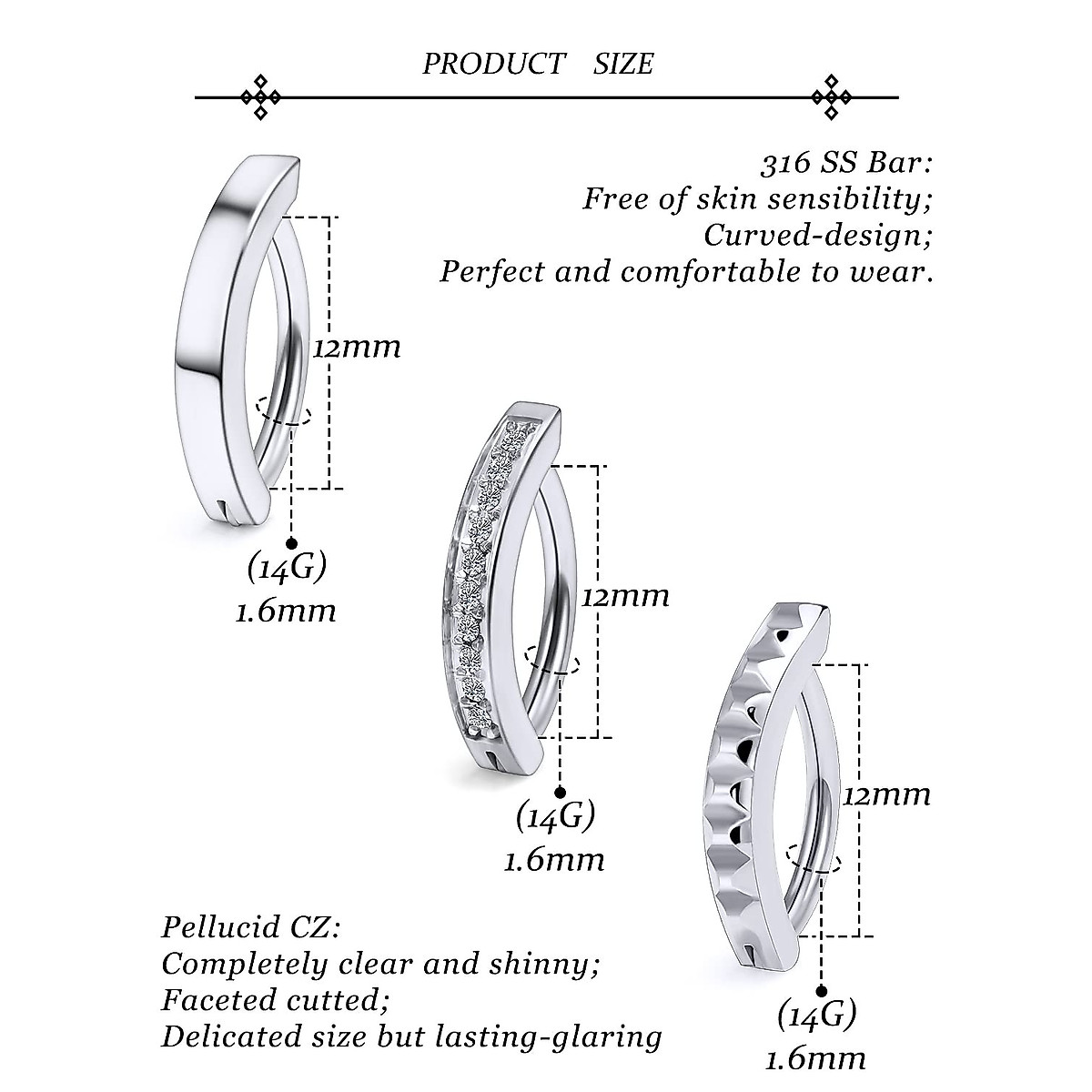 Vsnnsns 14G Belly Button Rings Belly Rings for Women Stainless Steel CZ Belly Piercing Jewelry Surgical Steel Clicker Belly Button rings Curved Navel Ring Barbell Body Jewelry Piercing Silver 12mm