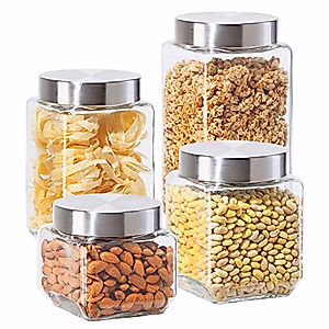 Oggi 4 Piece Airtight Glass Storage Containers Set - Includes 4 Square Glass Kitchen Canisters with Stainless Steel Lids - Sleek, Modern Kitchen Storage, Pantry Storage, Food Storage